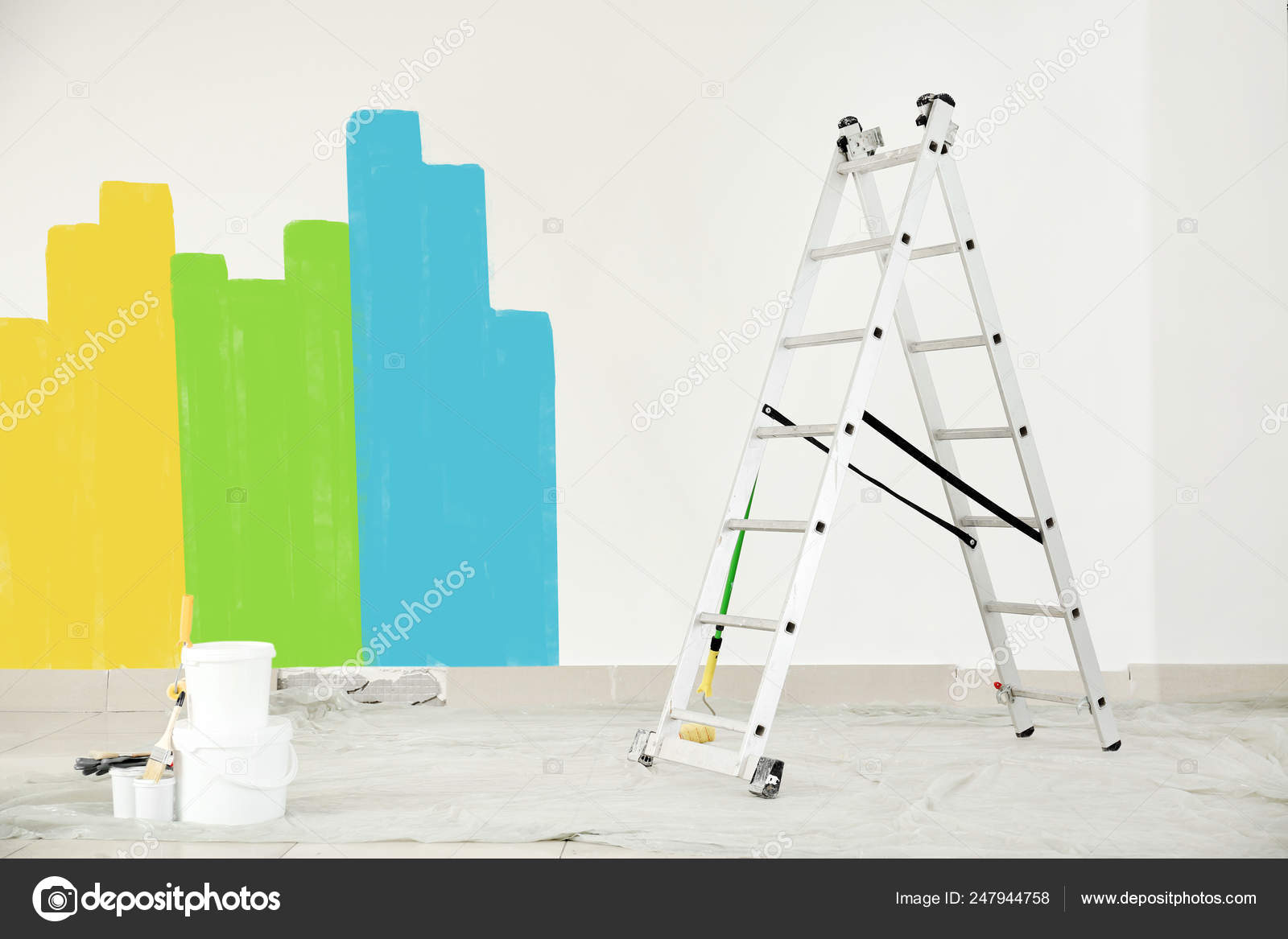 Ladder with paints in buckets and tools indoors — Stock Photo ...