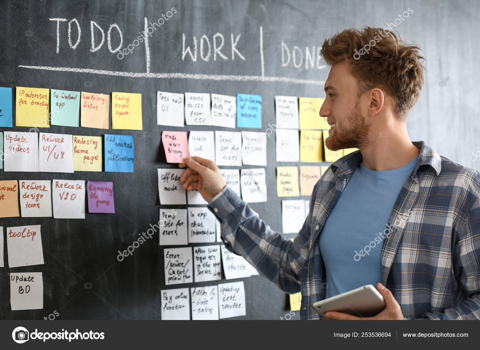 Young man near scrum task board in office — Stock Photo © serezniy ...