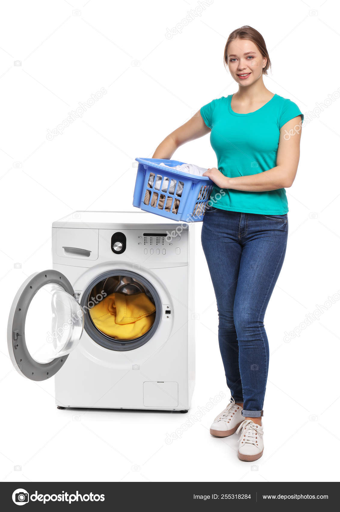 Young woman with washing machine on white background Stock Photo by ...