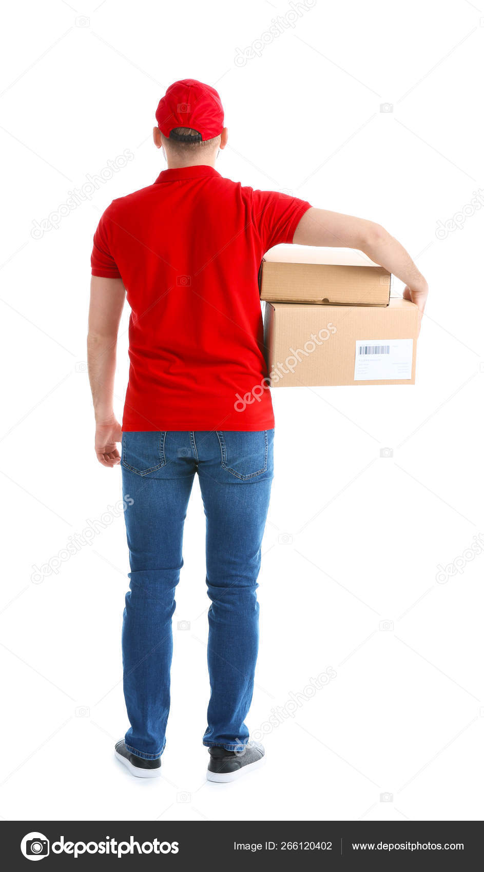 Handsome delivery man with boxes on white background, back view Stock ...