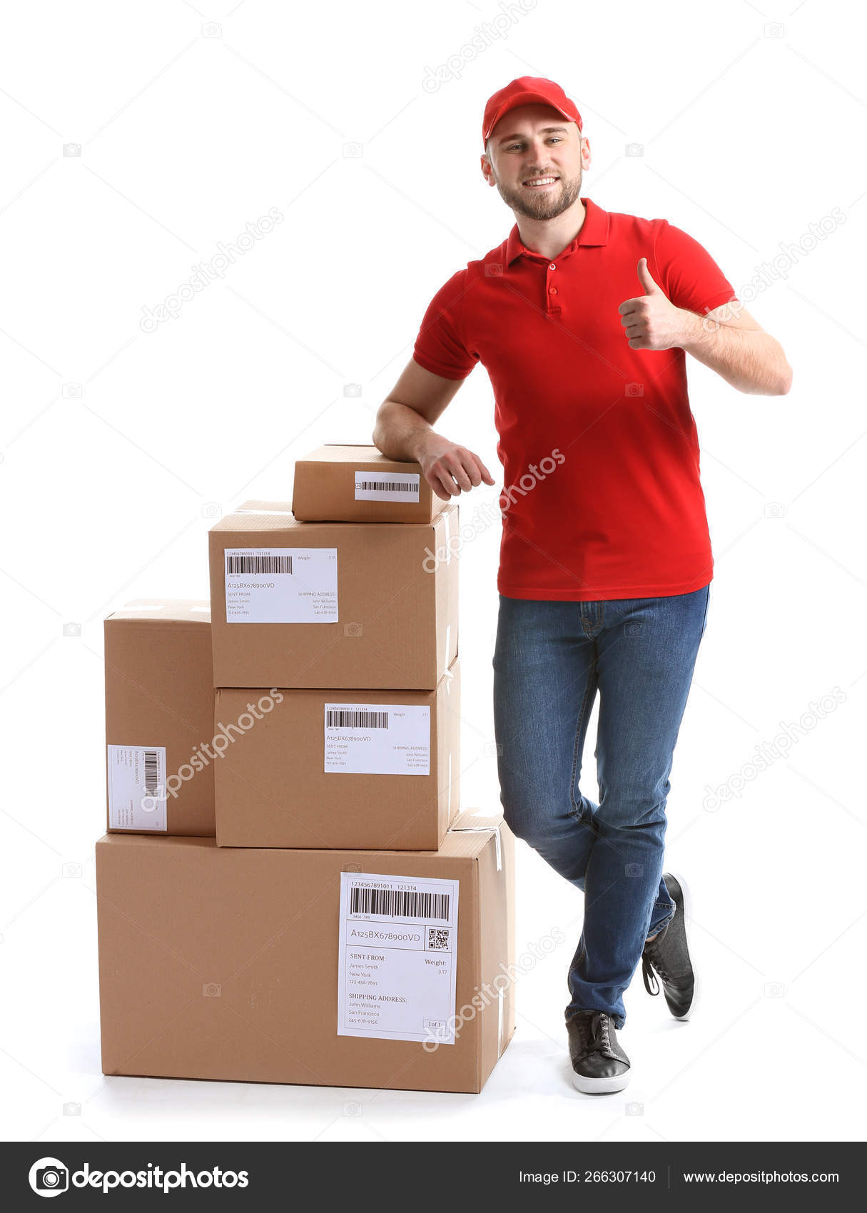 Handsome delivery man with boxes on white background Stock Photo by ...