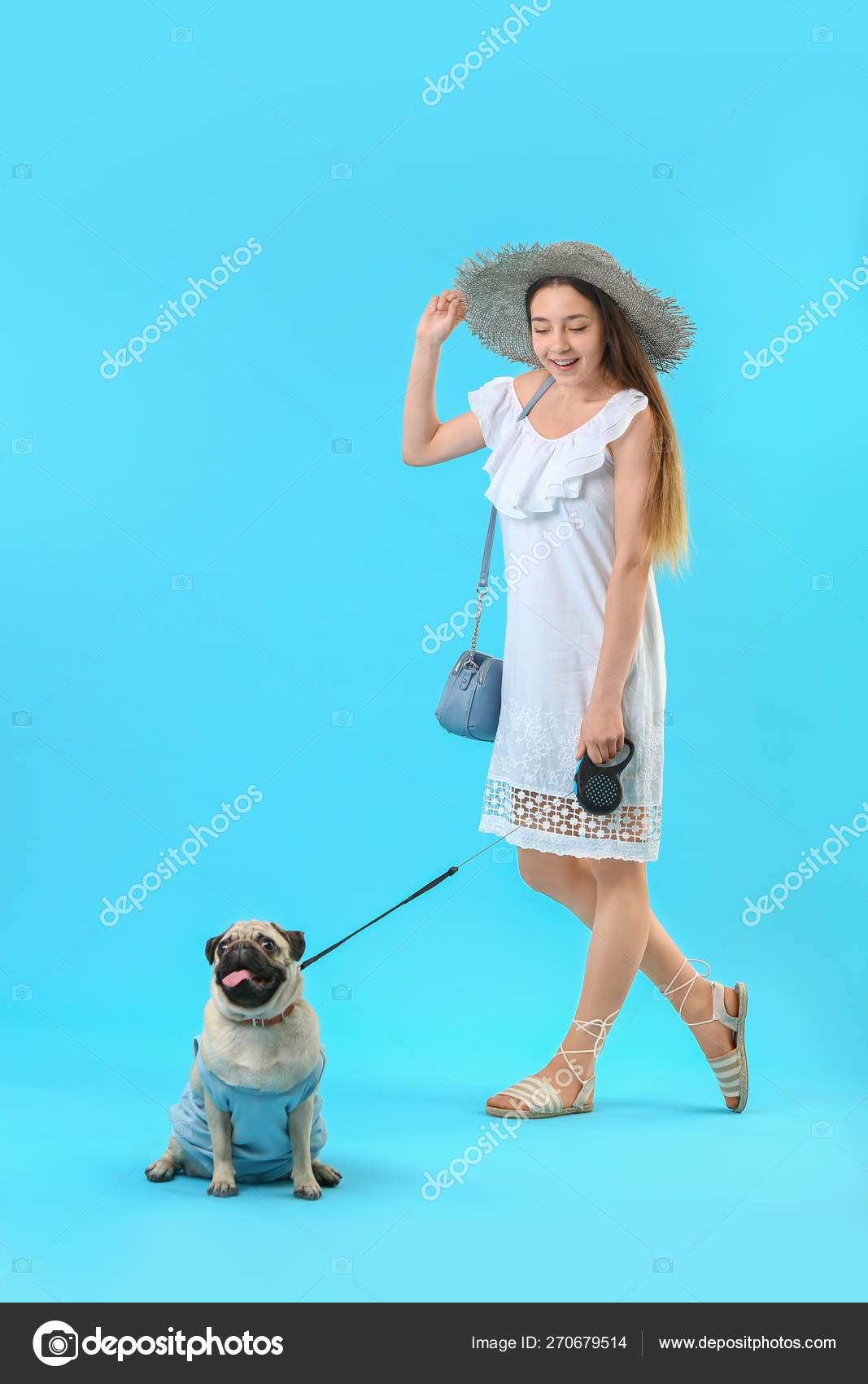 Teenage girl with cute pug dog on color background Stock Photo by ...