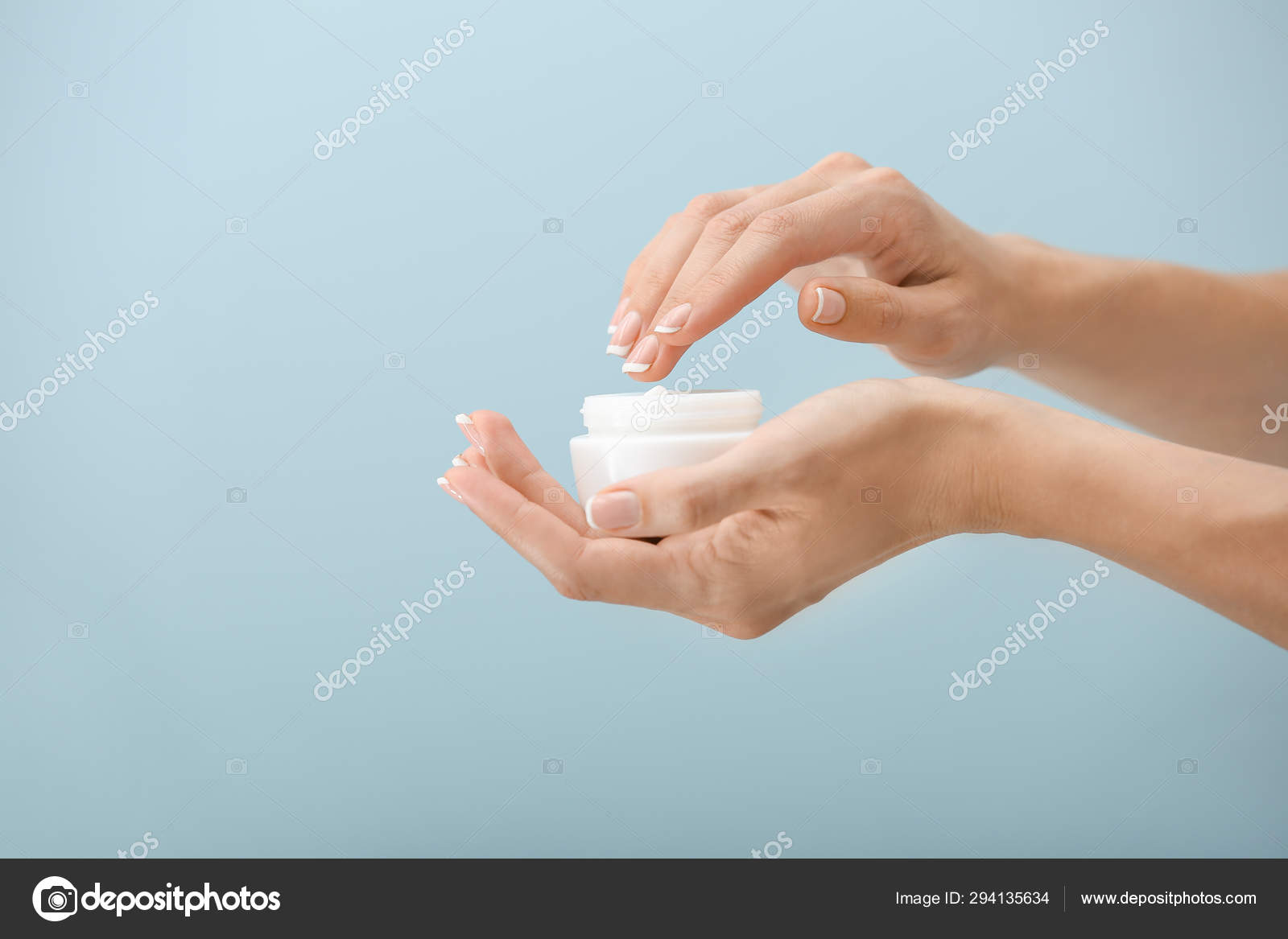 Female hands with natural cream on grey background — Stock Photo ...