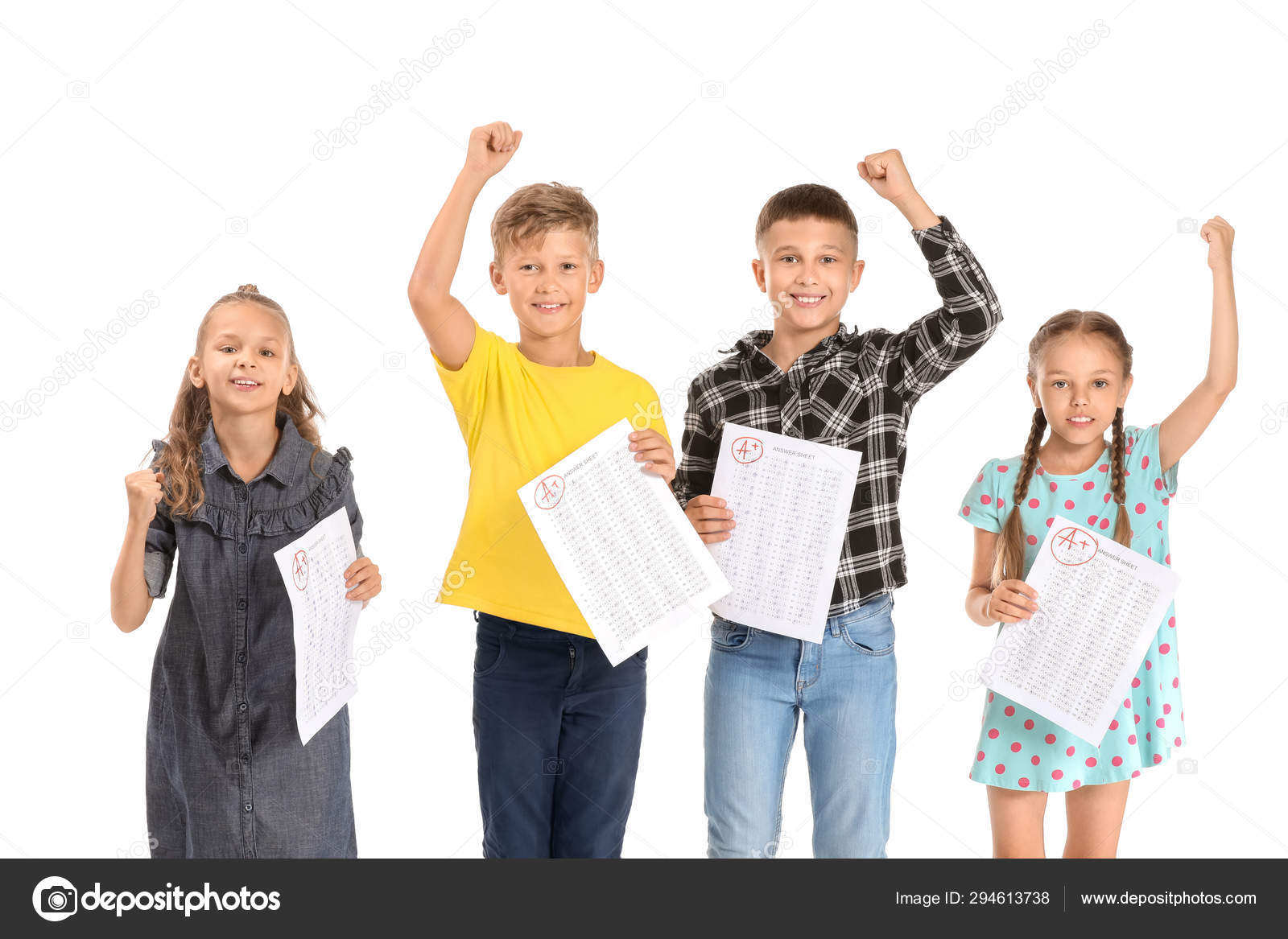 Happy children with answer sheets for school test on white background ...