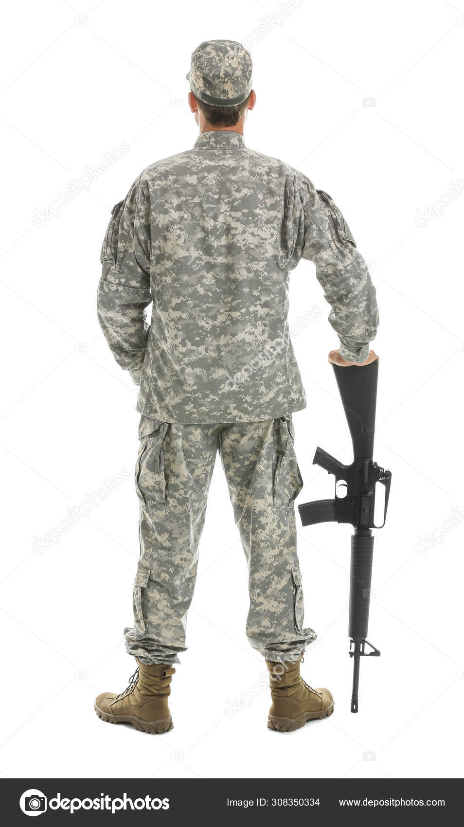Soldier with assault rifle on white background, back view Stock Photo ...