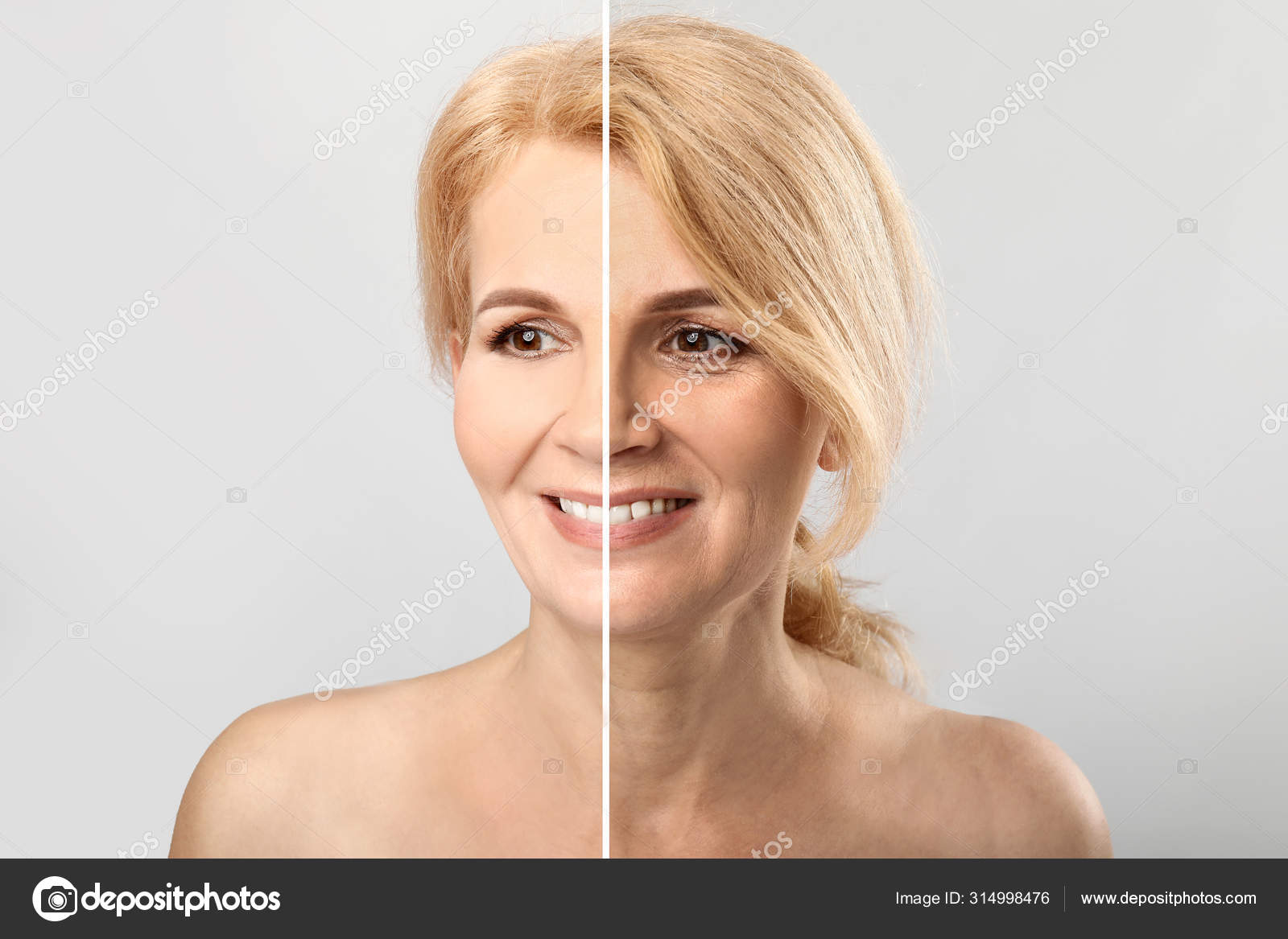 Comparison portrait of middle-aged woman on light background. Process ...