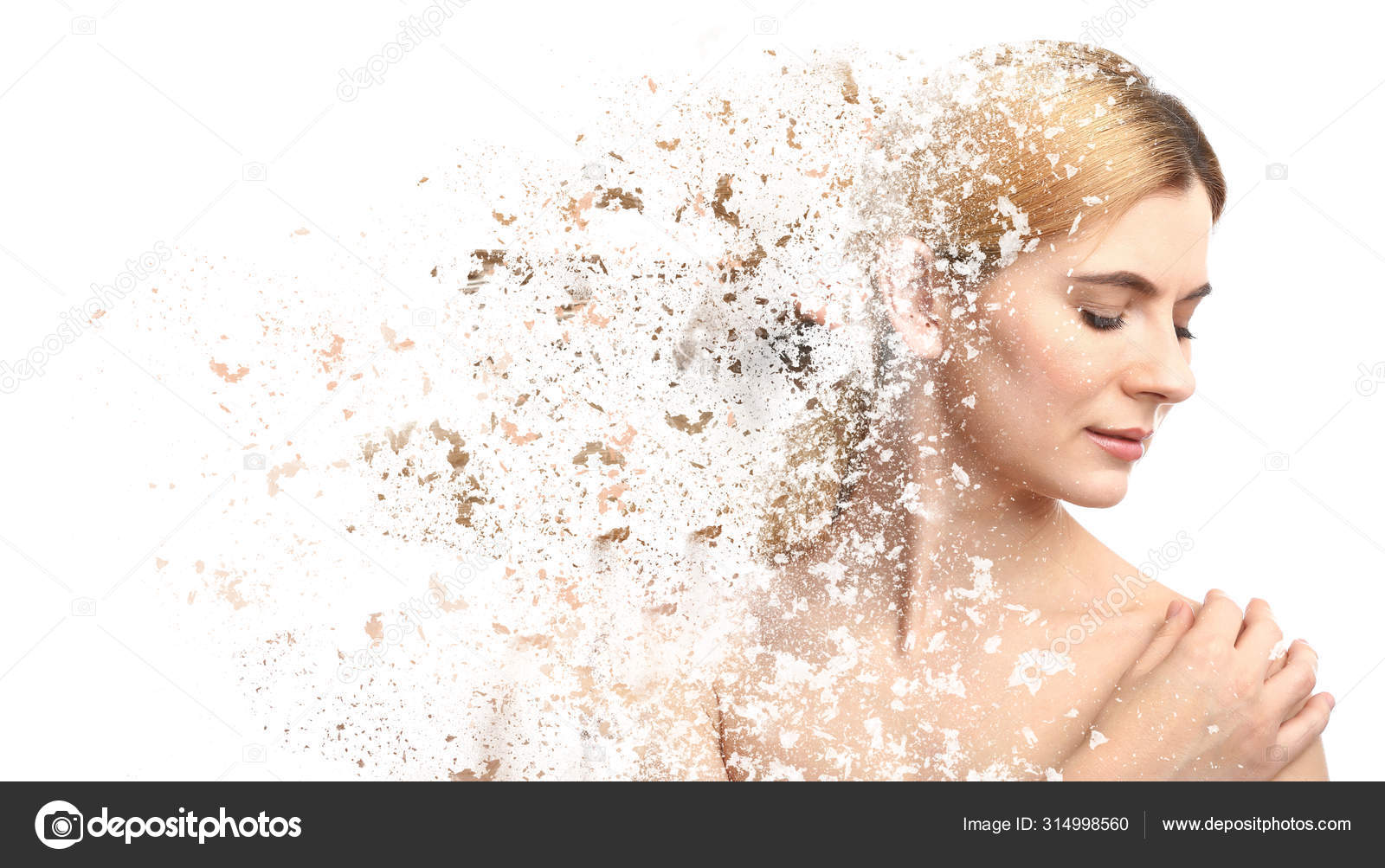 Crumbling beautiful woman on white background. Process of aging Stock ...