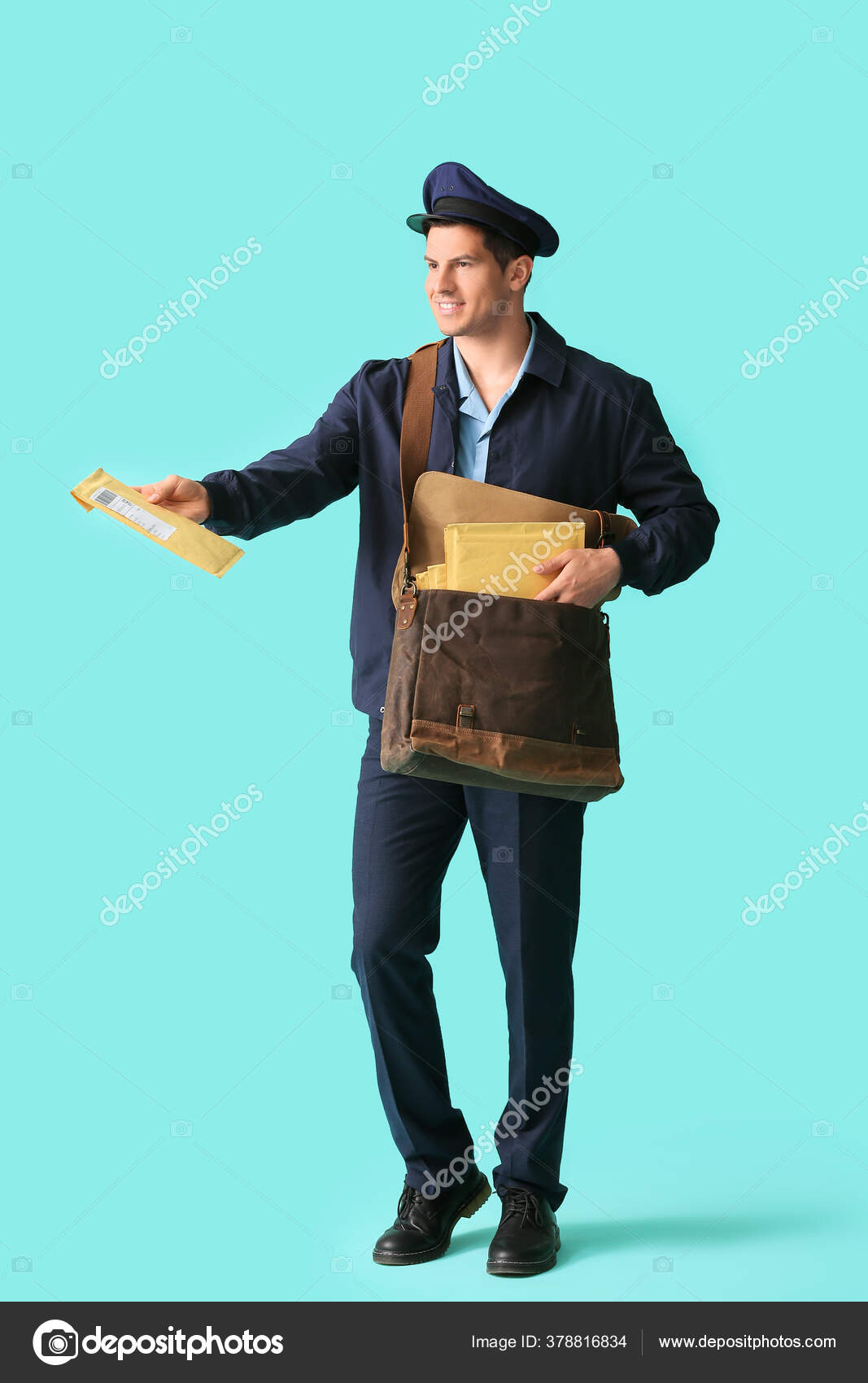Handsome Young Postman Color Background Stock Photo by ©serezniy 378816834