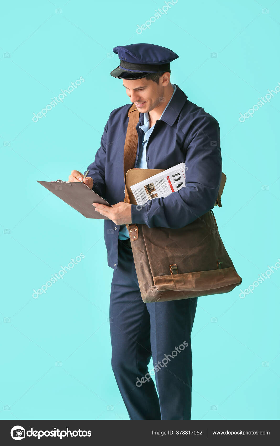 Handsome Young Postman Color Background Stock Photo by ©serezniy 378817052
