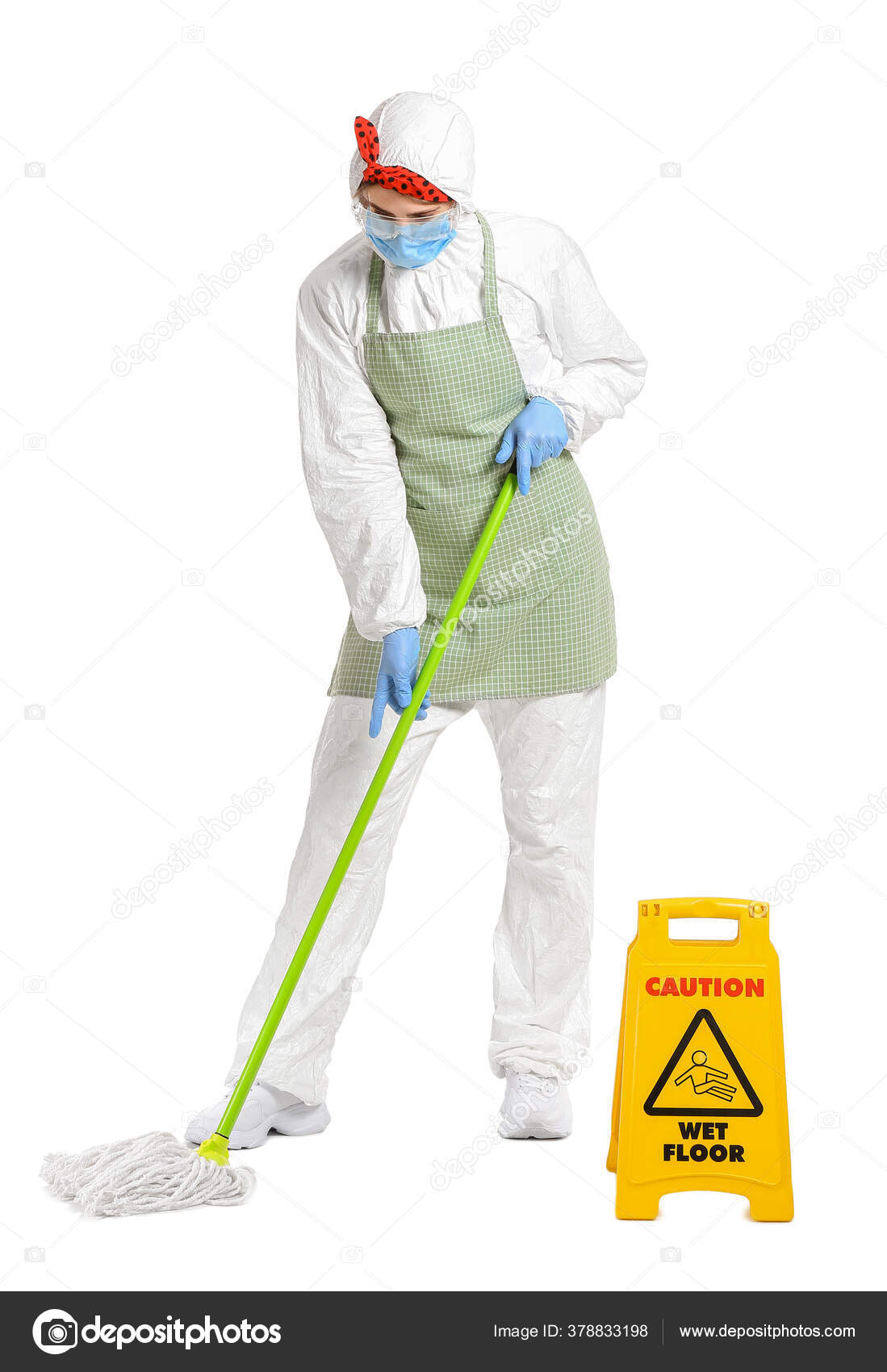 Housewife Protective Costume Mop Caution Sign White Background — Stock ...