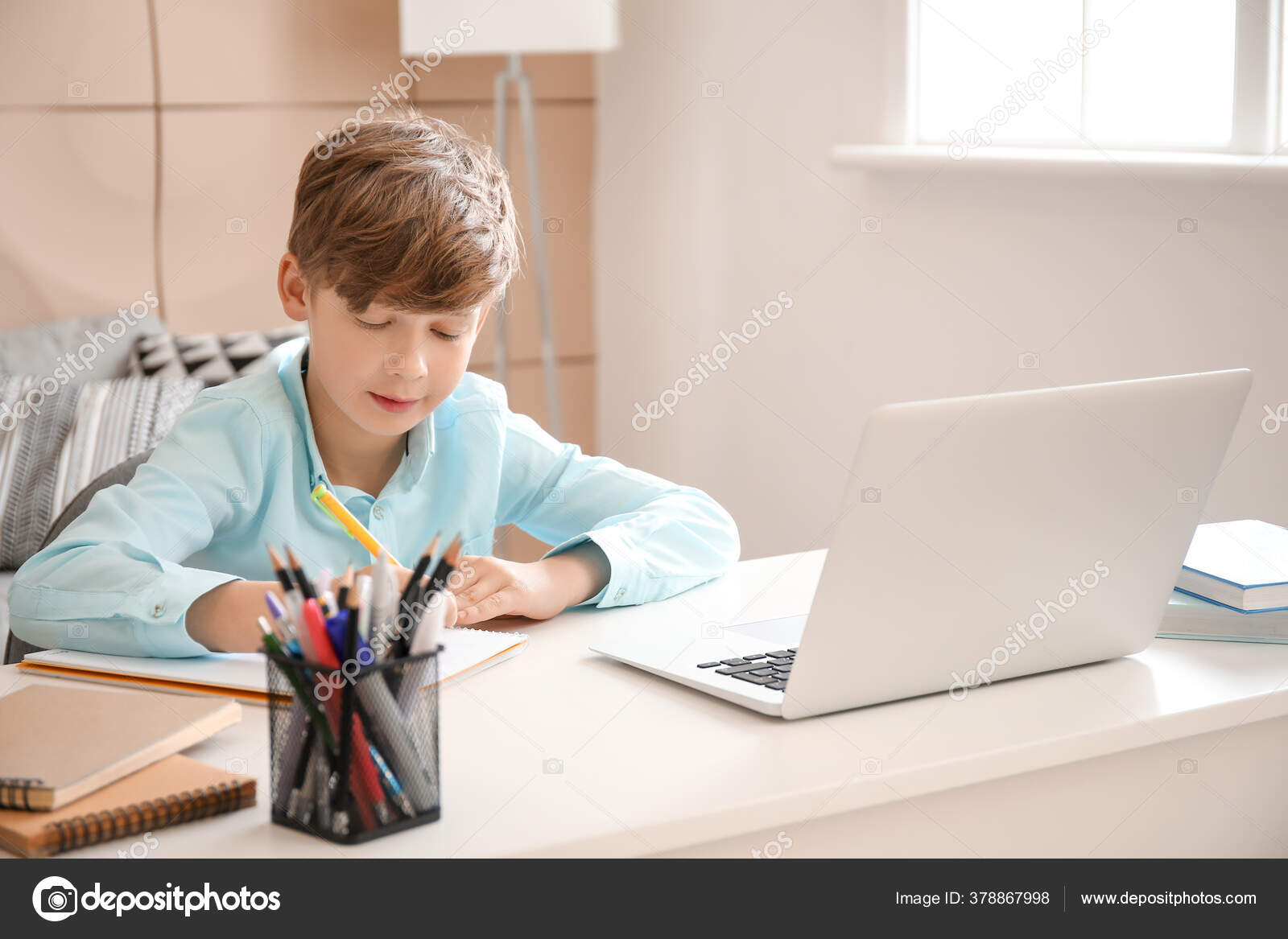 Cute Little Boy Studying Home Concept Online Education Stock Photo by ...