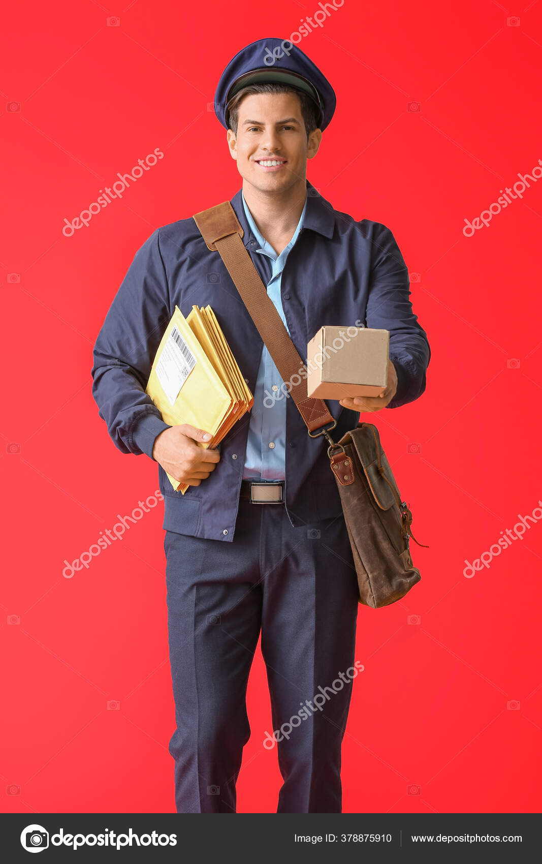 Handsome Young Postman Color Background Stock Photo by ©serezniy 378875910
