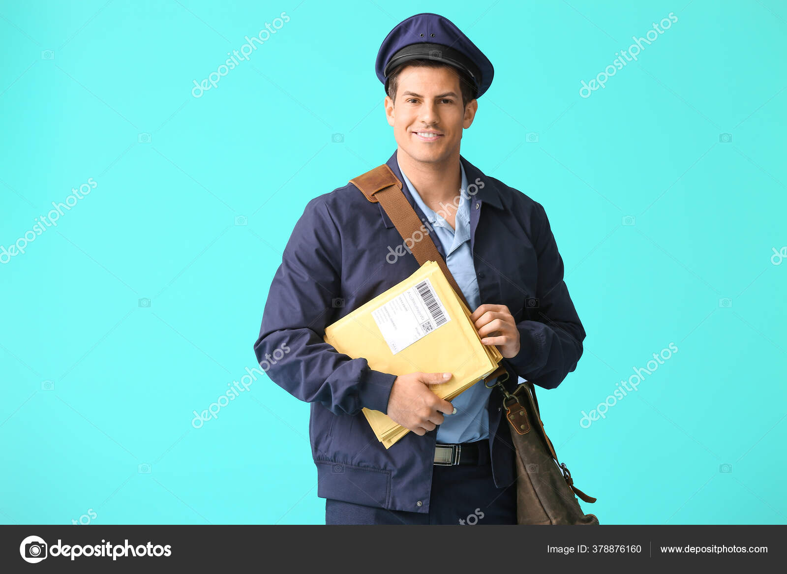 Handsome Young Postman Color Background Stock Photo by ©serezniy 378876160