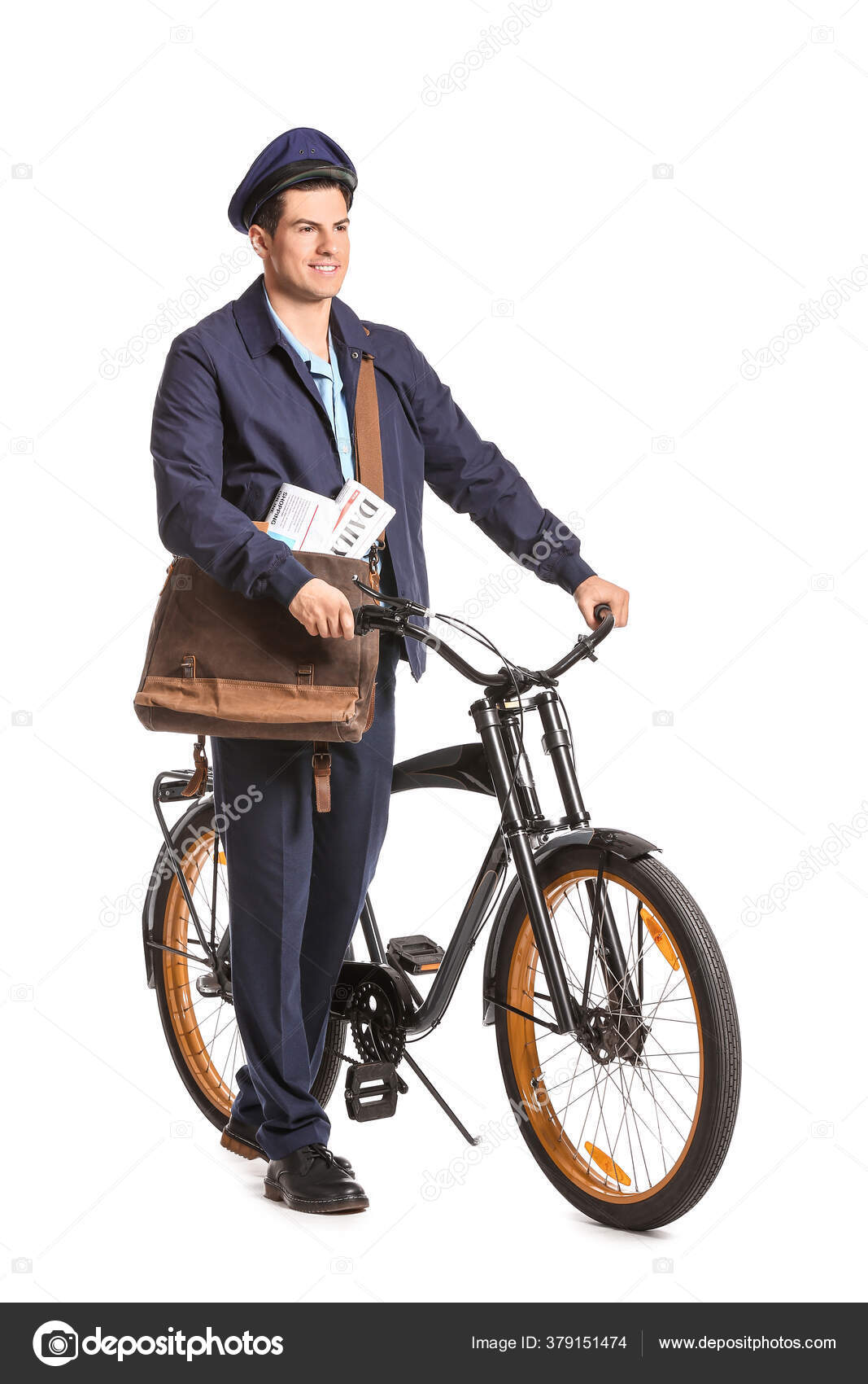Handsome Young Postman Bicycle White Background Stock Photo by ...