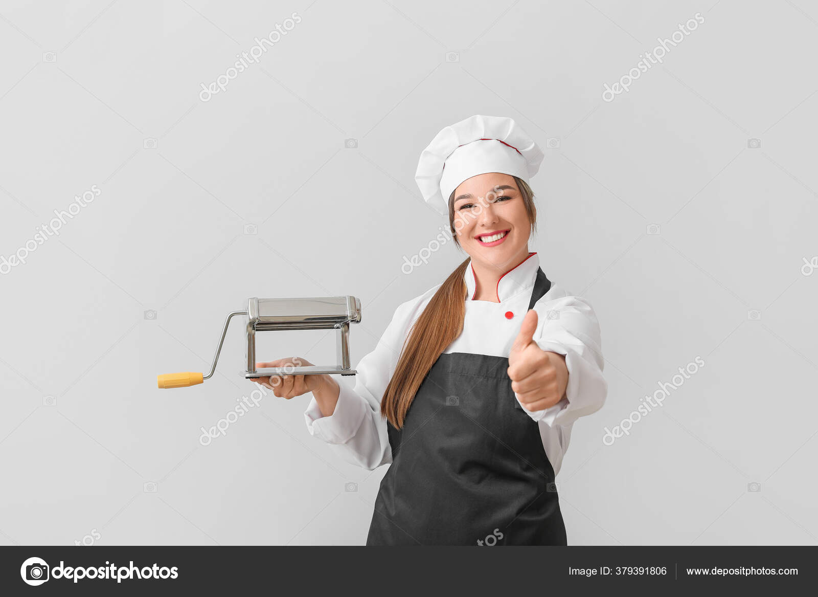Young Female Chef Pasta Machine Showing Thumb Light Background — Stock ...
