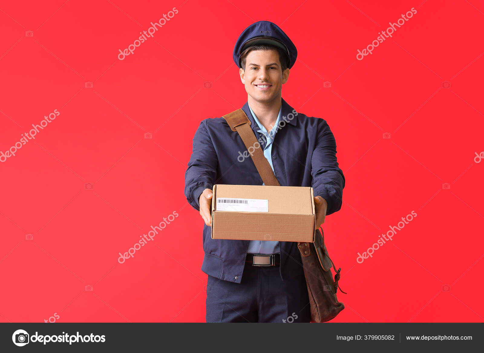 Handsome Young Postman Color Background Stock Photo by ©serezniy 379905082