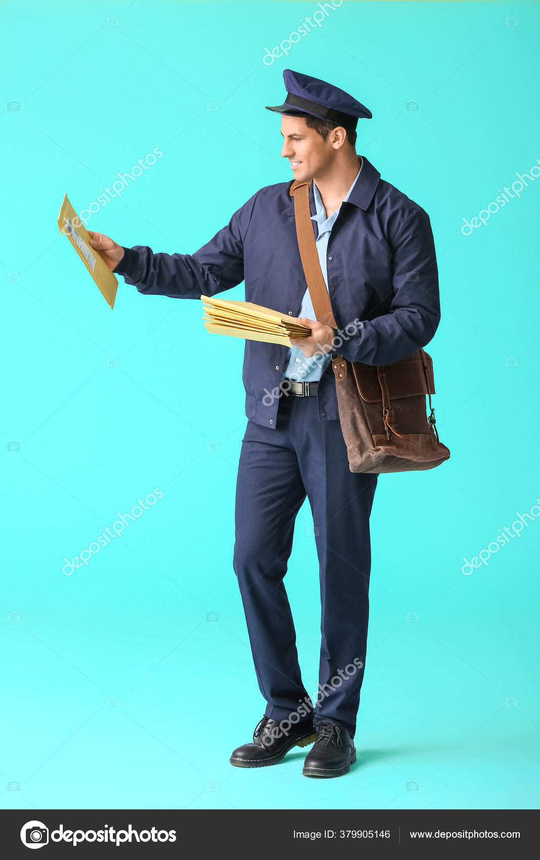 Handsome Young Postman Color Background Stock Photo by ©serezniy 379905146