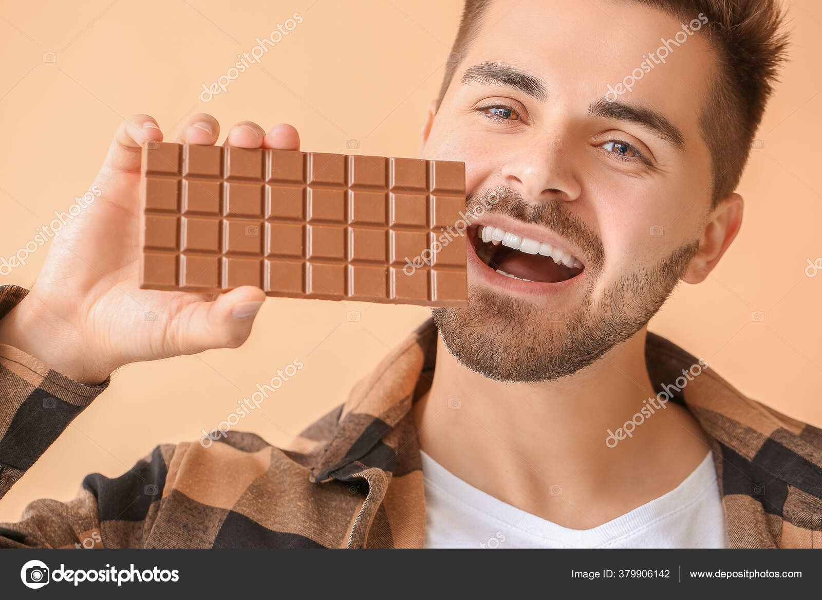 Handsome Young Man Tasty Chocolate Color Background — Stock Photo ...
