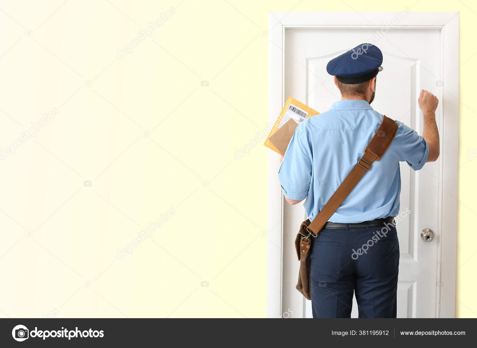 Handsome Young Postman Knocking Door Stock Photo by ©serezniy 381195912