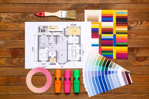 Color Palettes Paint Brush Building Plan Wooden Background Stock Photo ...