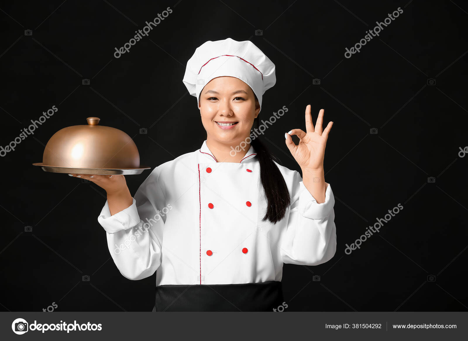 Beautiful Asian Chef Tray Showing Gesture Dark Background — Stock Photo ...