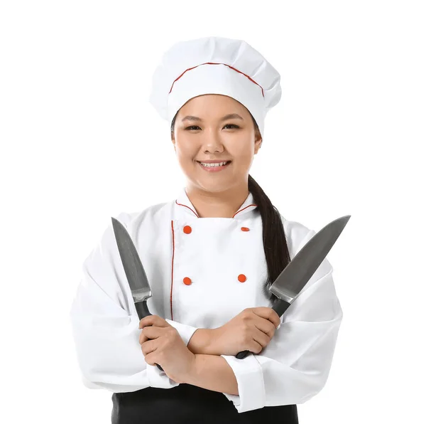 Beautiful Asian Chef Showing Something White Background Stock Photo by ...