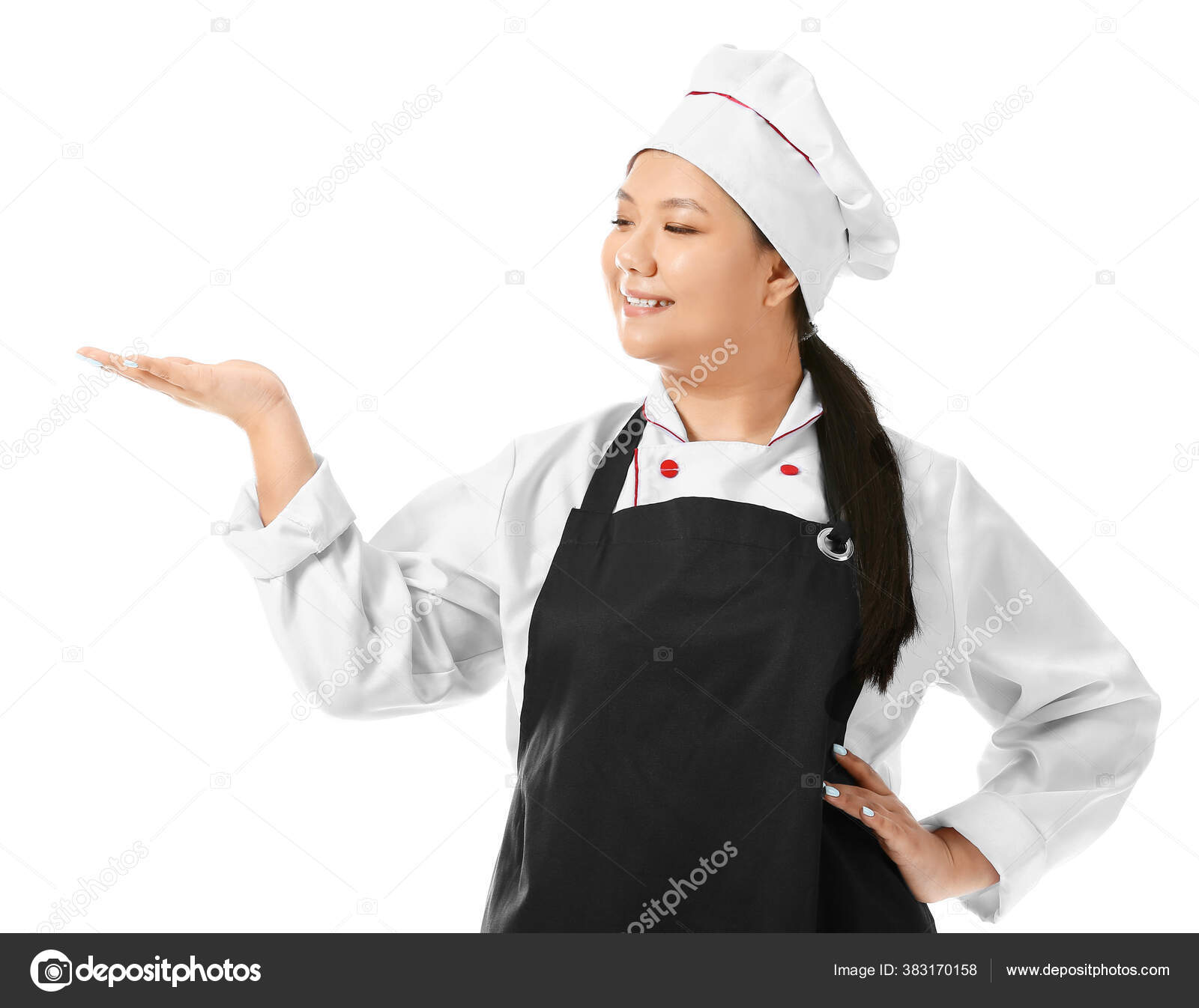 Beautiful Asian Chef Showing Something White Background Stock Photo by ...
