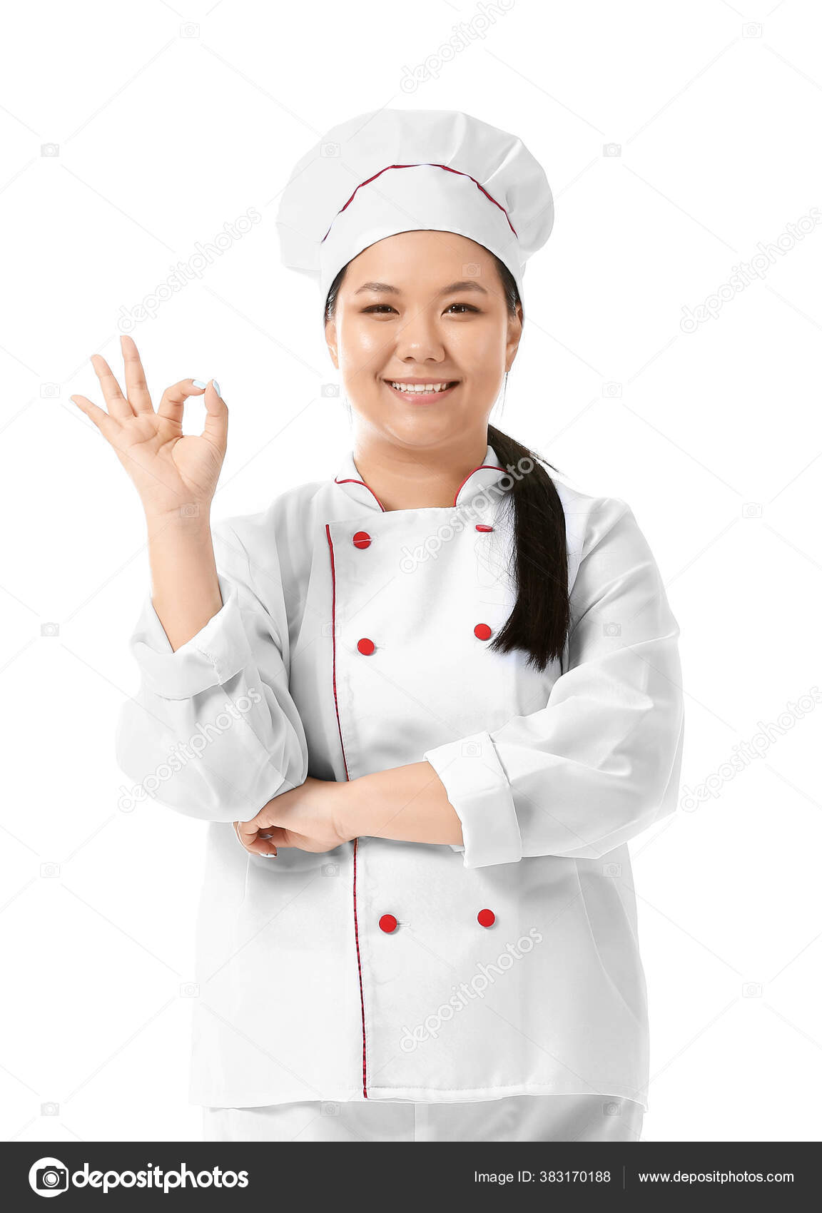 Beautiful Asian Chef Showing Gesture White Background — Stock Photo ...