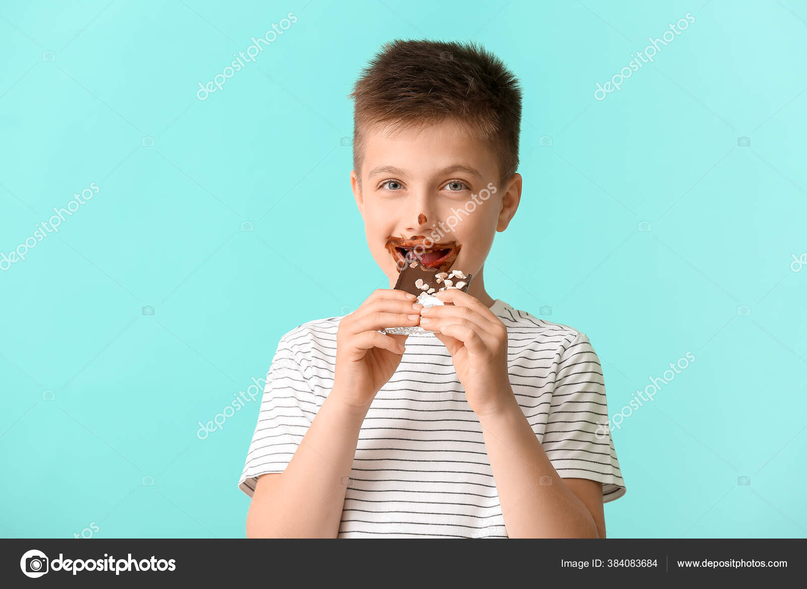 Cute Little Boy Eating Chocolate Color Background Stock Photo by ...