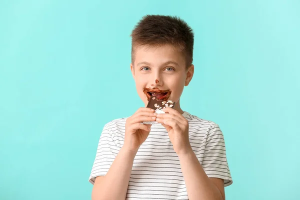 Cute Little Boy Chocolate Candies Light Background Stock Photo by ...