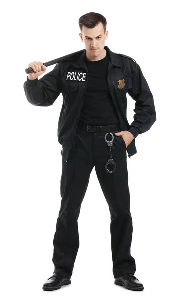 Aggressive Police Officer Gun Baton White Background Back View Stock ...