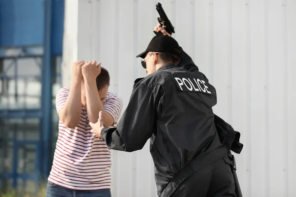 Aggressive Police Officer Gun Baton White Background Back View Stock ...