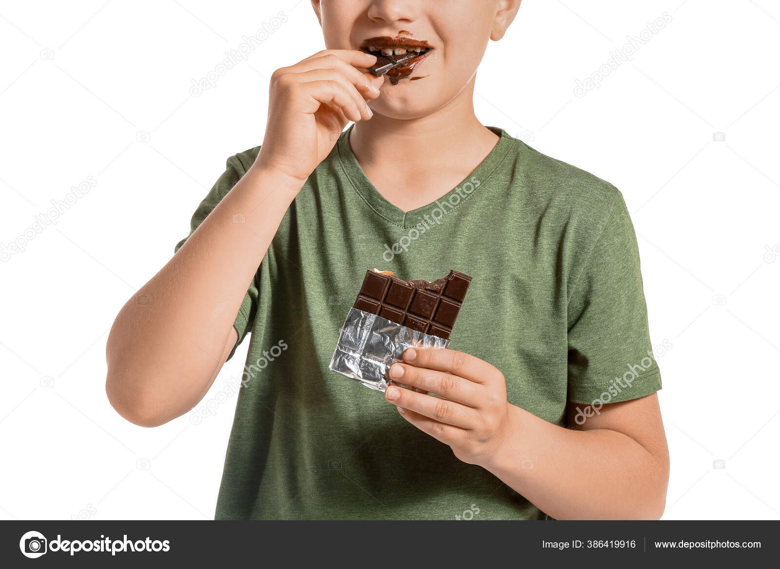 Cute Little Boy Eating Chocolate White Background Stock Photo by ...
