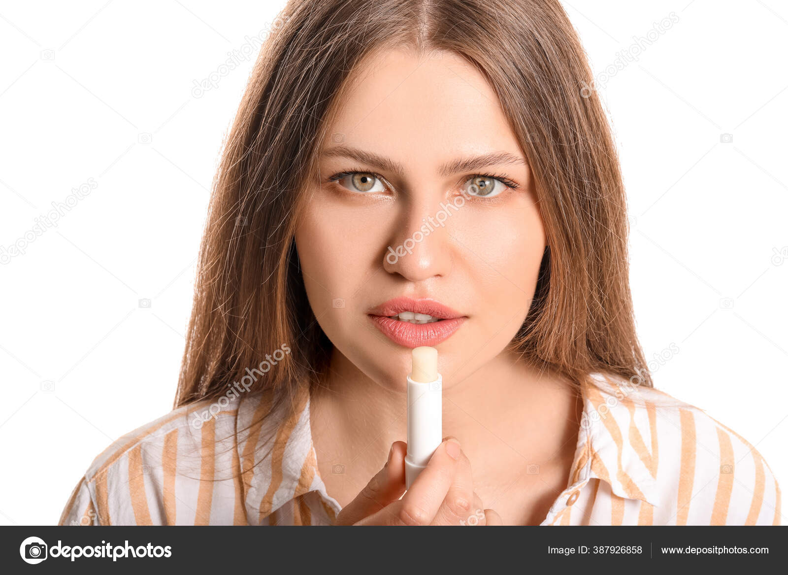 Beautiful Young Woman Lip Balm White Background Stock Photo by ...