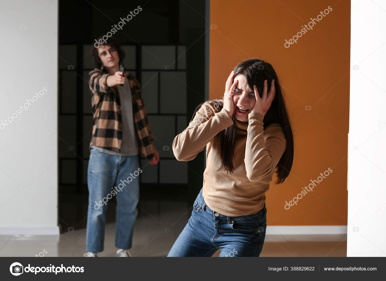 Scared Young Woman Running Away Crazy Maniac Room — Stock Photo © serezniy #388829622