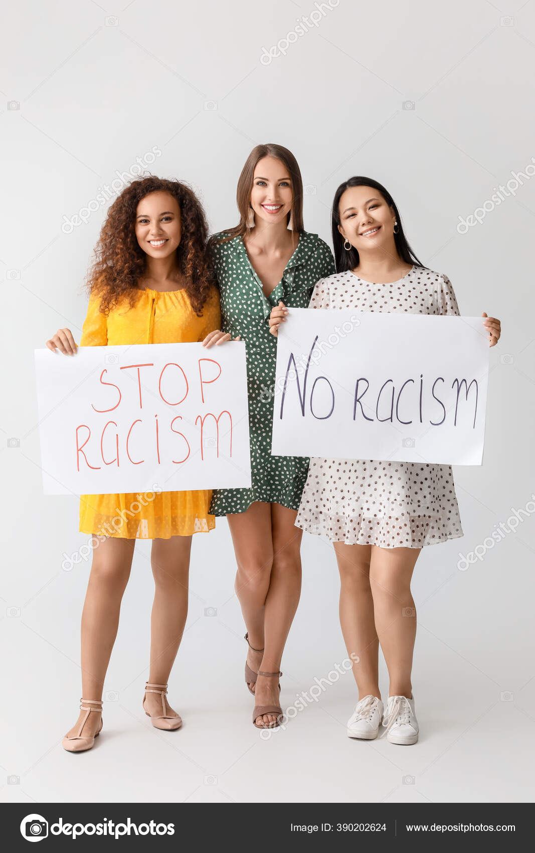 Women Different Nationalities Placards White Background Stop Racism ...