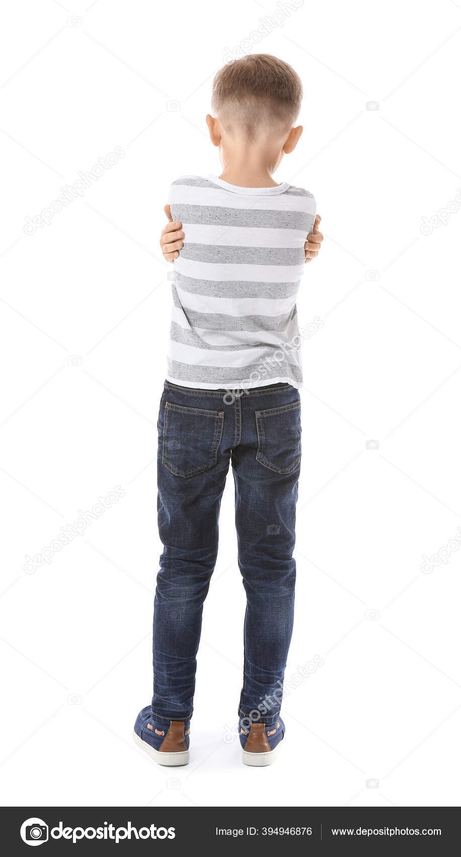 Sad Little Boy Autistic Disorder White Background Back View Stock Photo ...