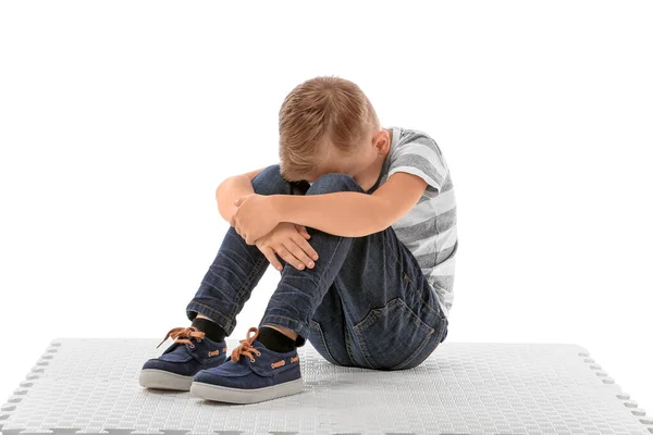 Sad Little Boy Autistic Disorder White Background Back View — Stock ...
