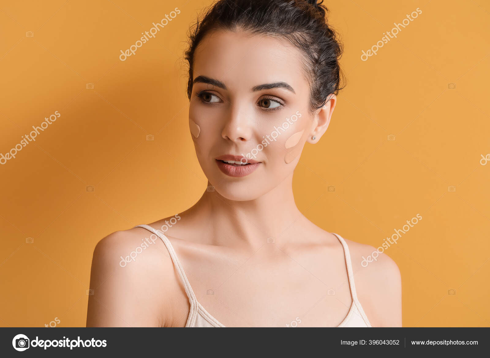 Beautiful Young Woman Foundation Her Face Color Background Stock Photo ...