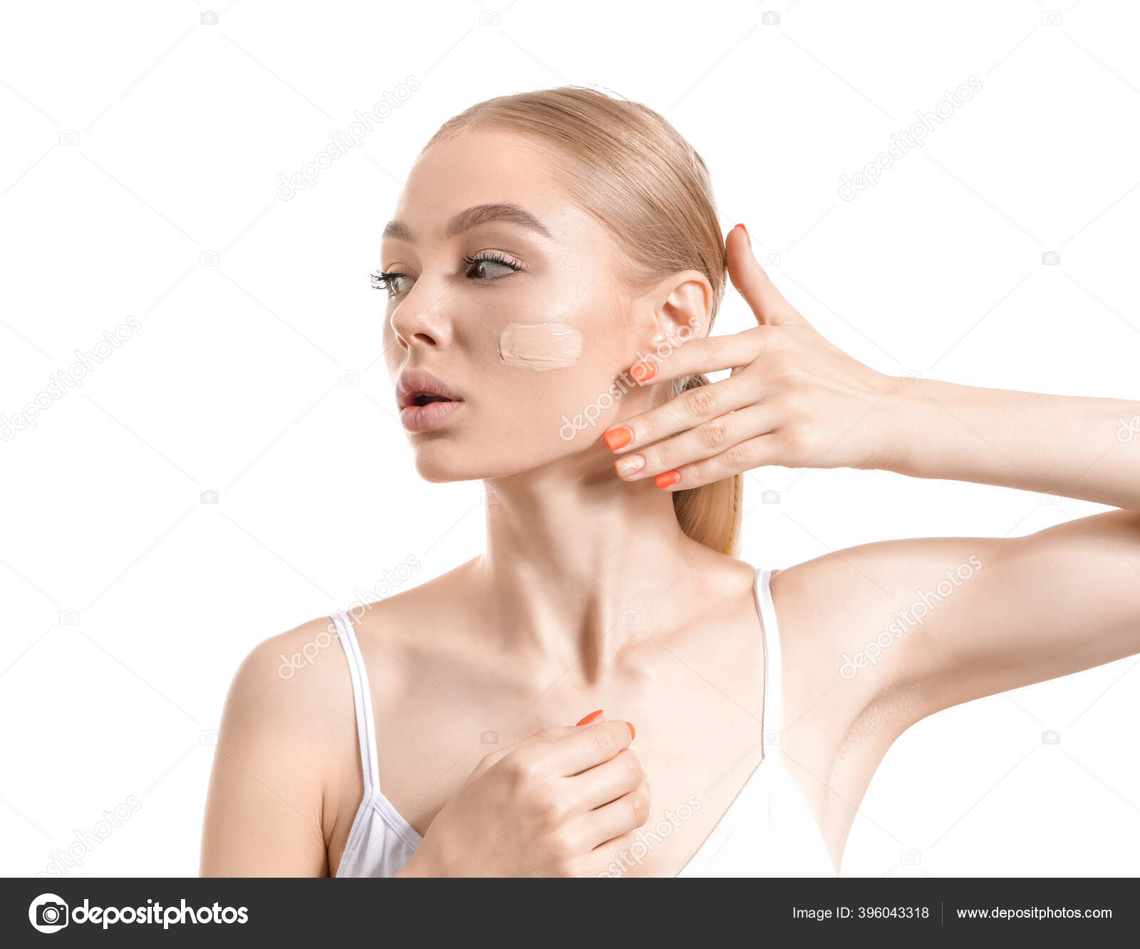Beautiful Young Woman Foundation Her Face White Background Stock Photo ...