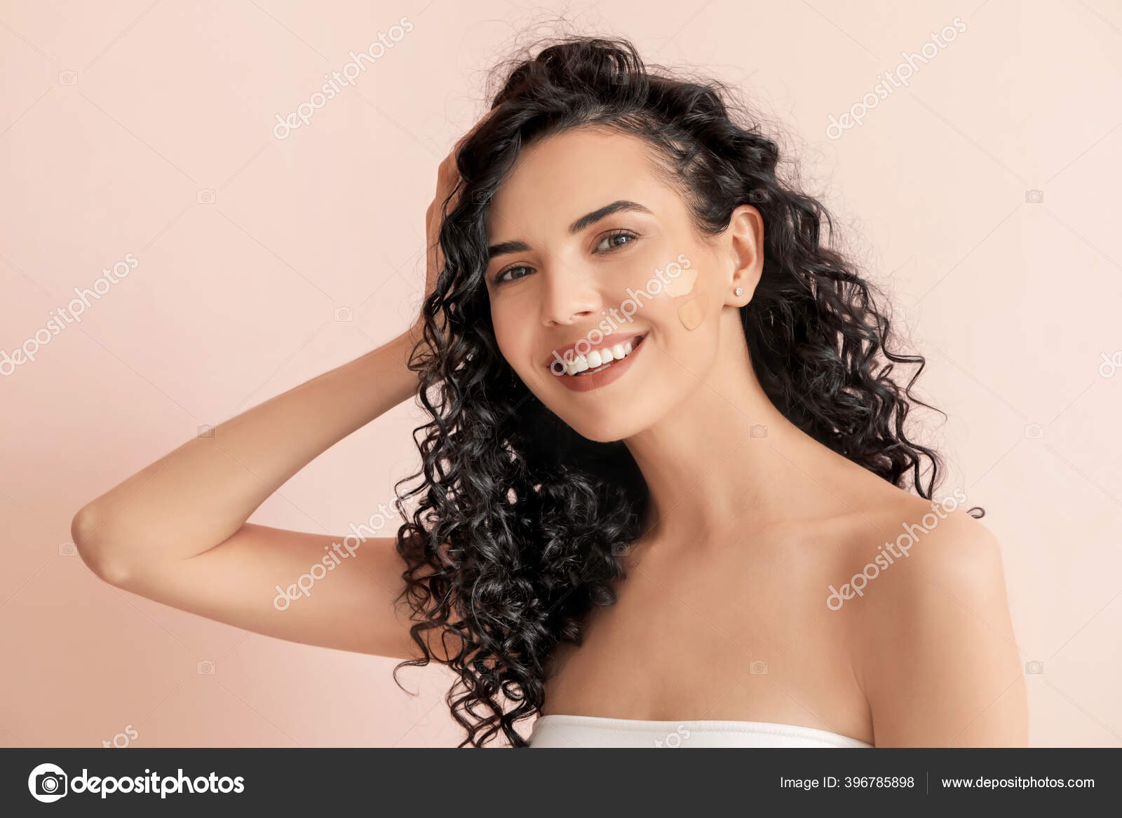 Beautiful Young Woman Foundation Her Face Color Background — Stock ...