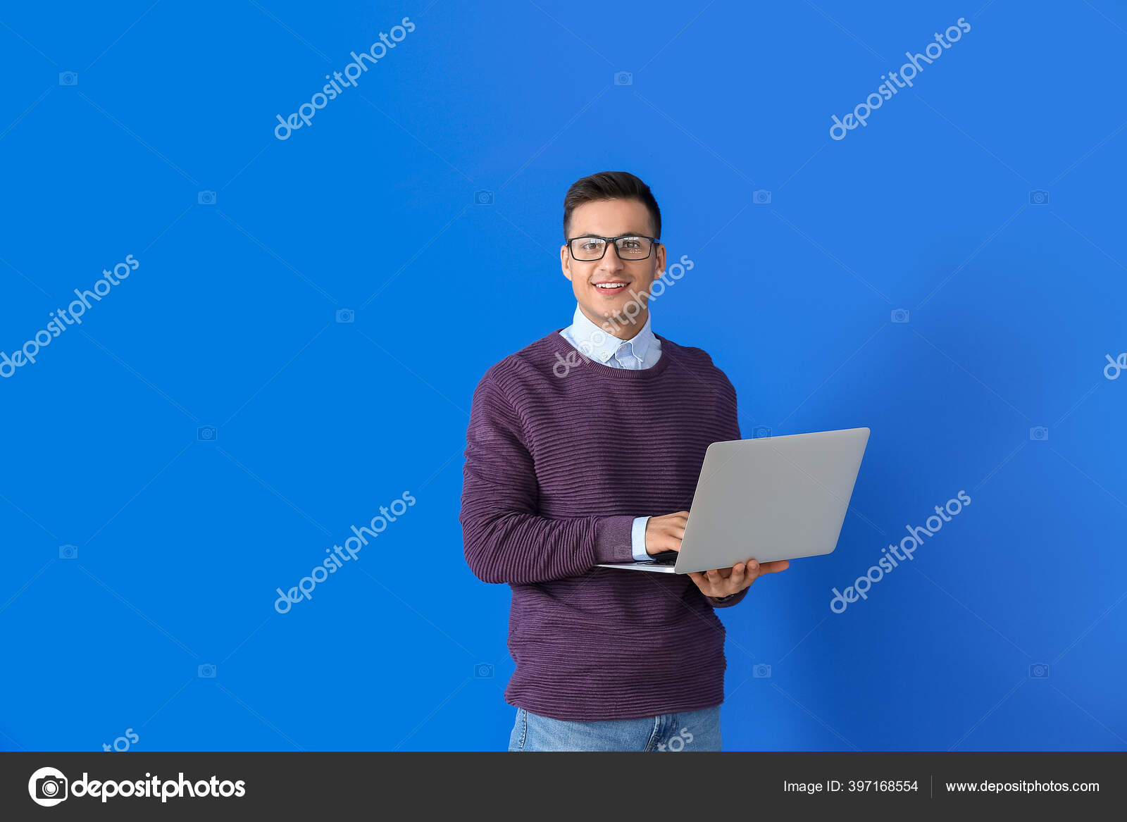 Male Programmer Laptop Color Background Stock Photo by ©serezniy 397168554