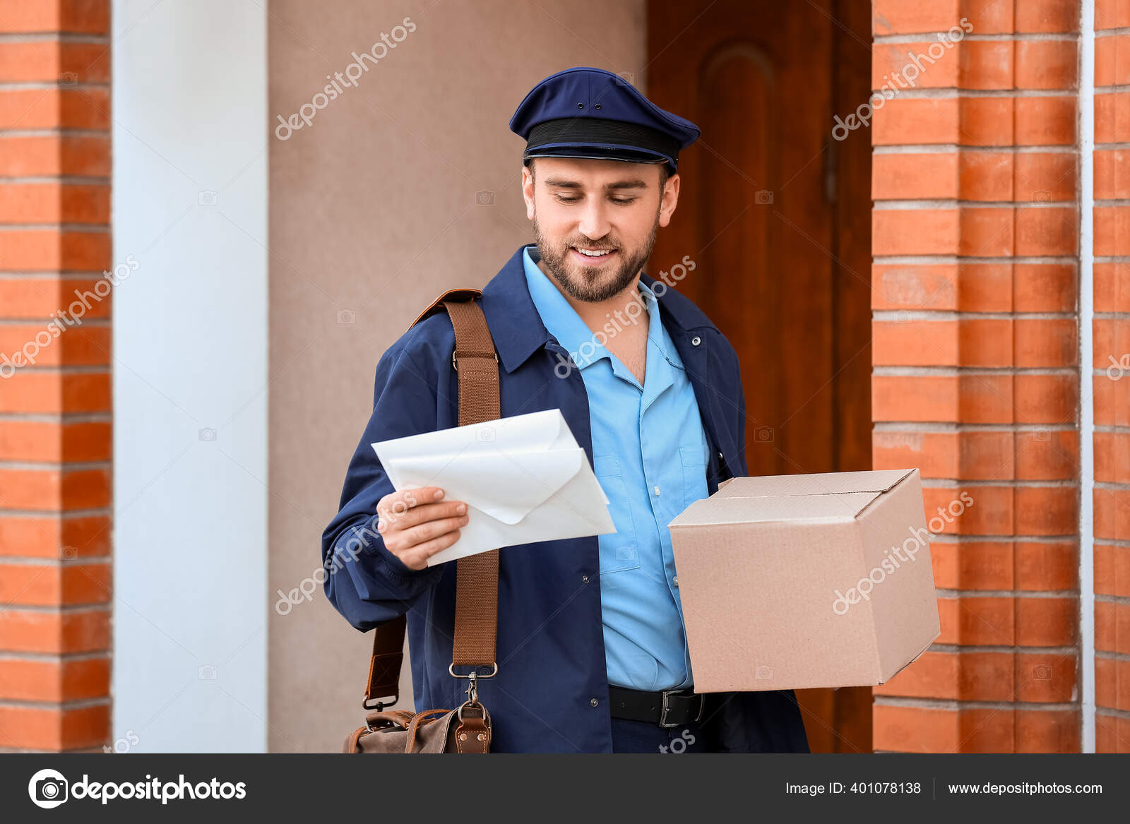 Handsome Young Postman Parcel Letters Outdoors — Stock Photo © serezniy ...