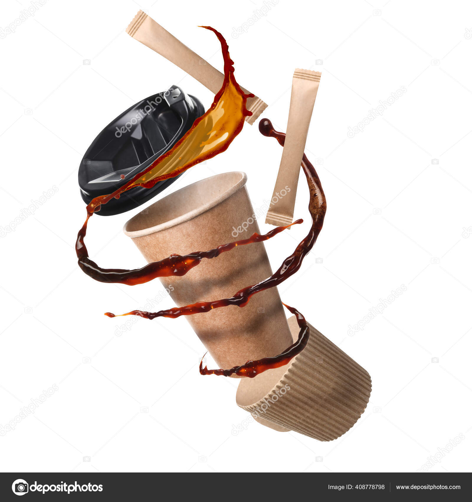 Flying Paper Cup Coffee Splashes Sugar White Background Stock Photo by ...
