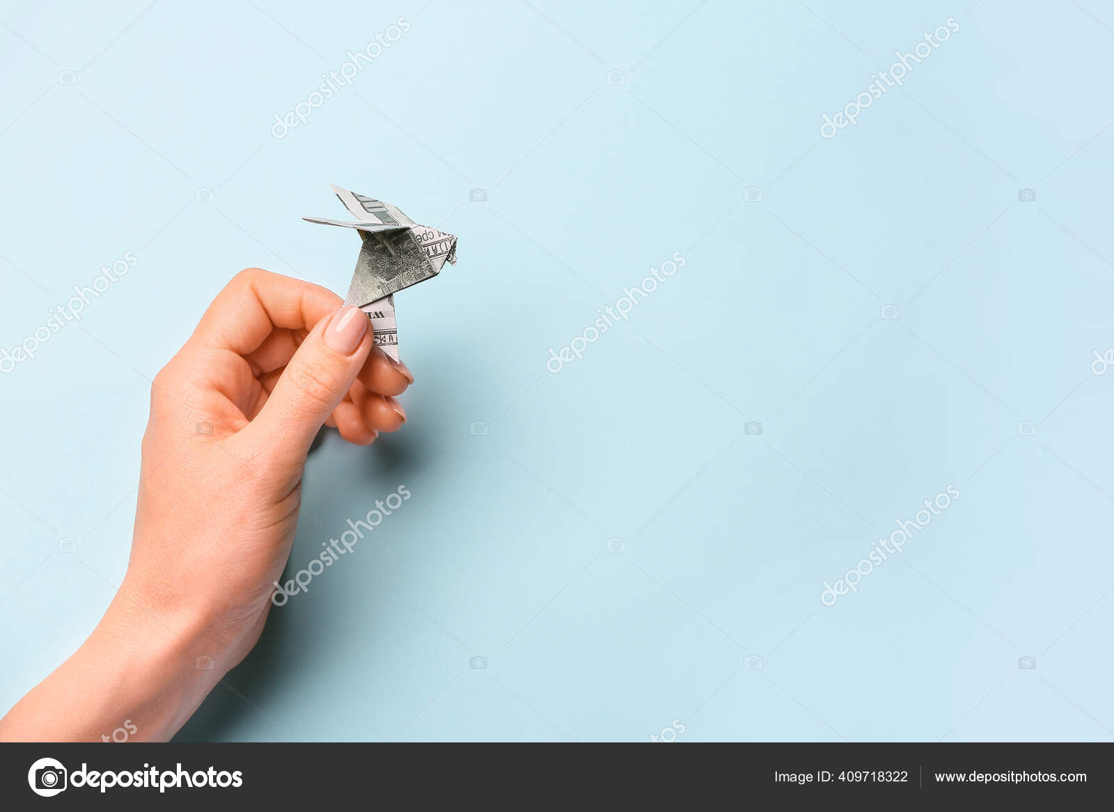 Female Hand Origami Bird Made Dollar Banknote Color Background Stock ...