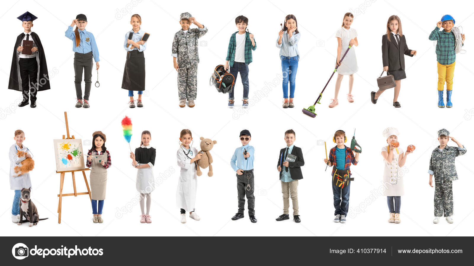 Collage Little Children Uniforms Different Professions White Background ...