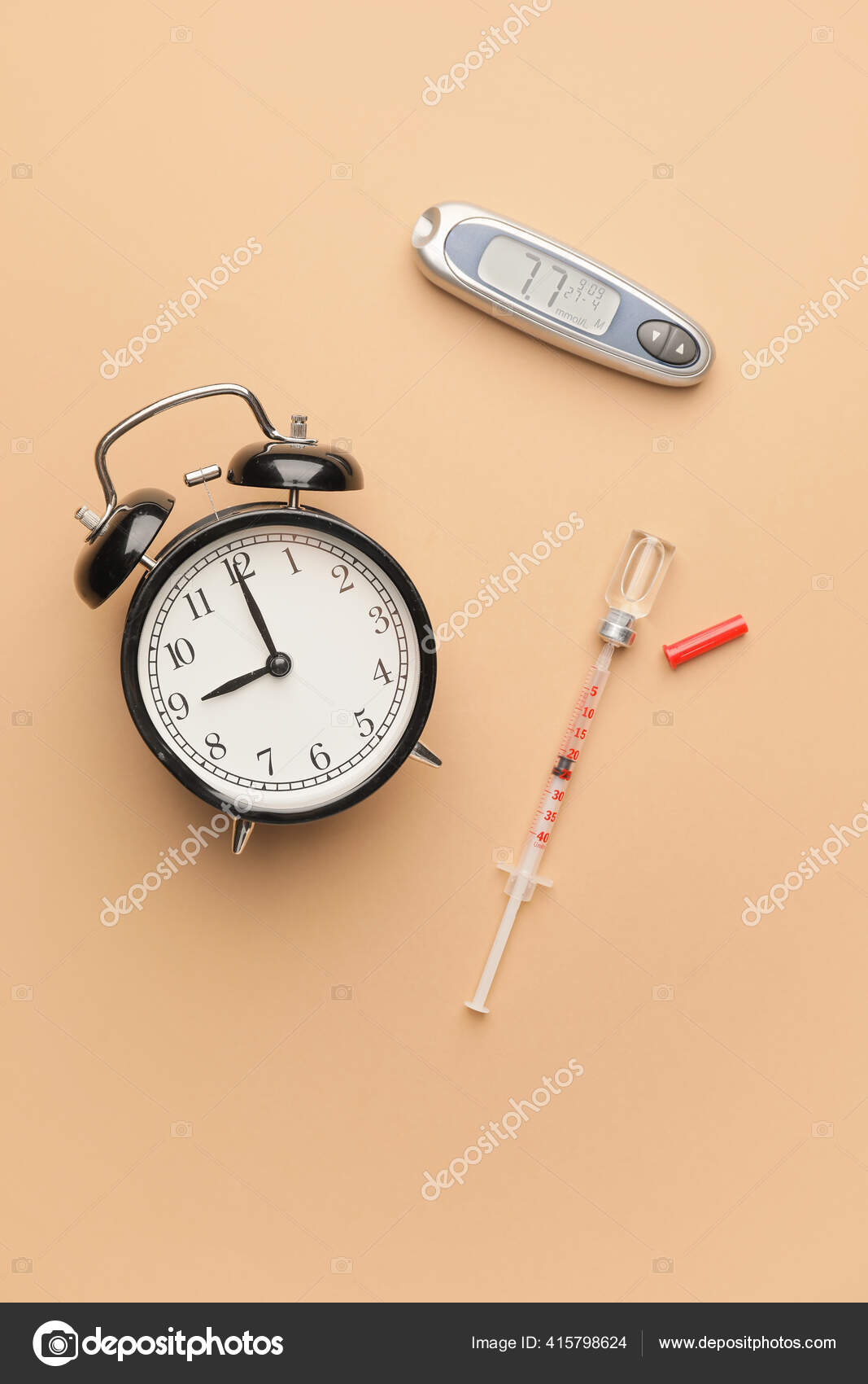 Glucometer Alarm Clock Syringe Bottle Insulin Color Background Diabetes ...
