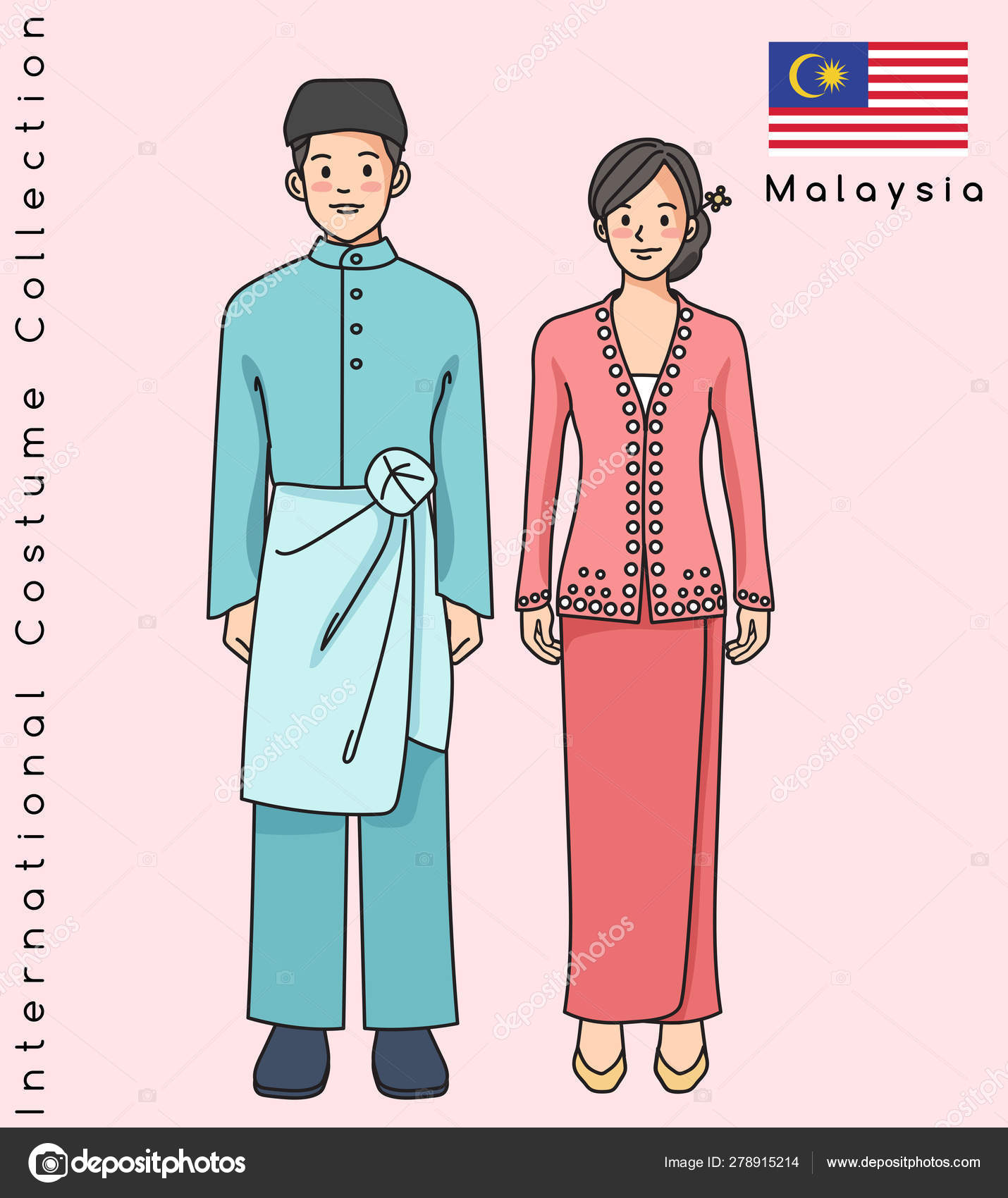 Cute Asian Couple Traditional Clothes Vector Illustration Stock Vector