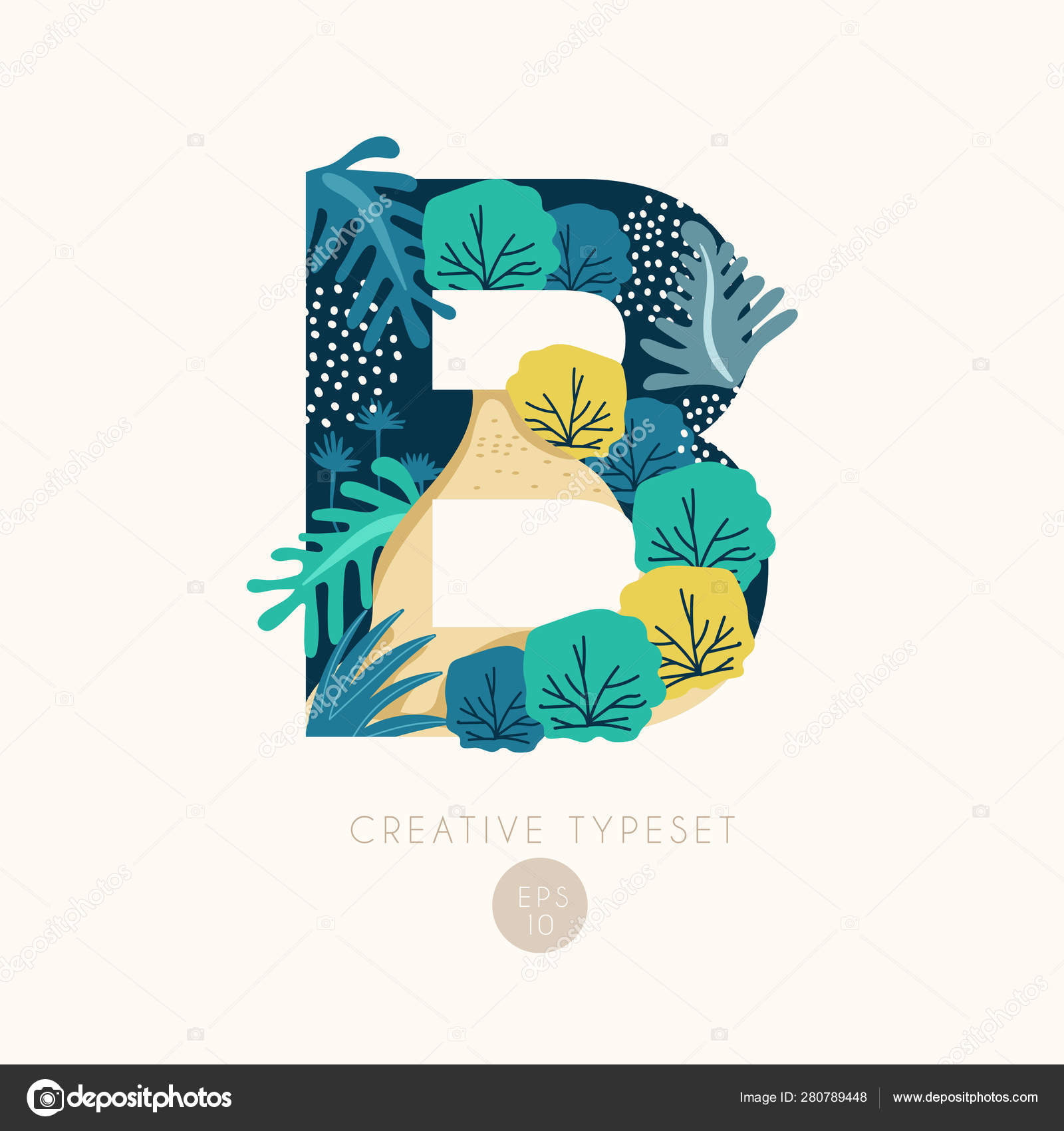 Uppercase Alphabet Letters Bushes Leaves Botanical Elements Isolated ...