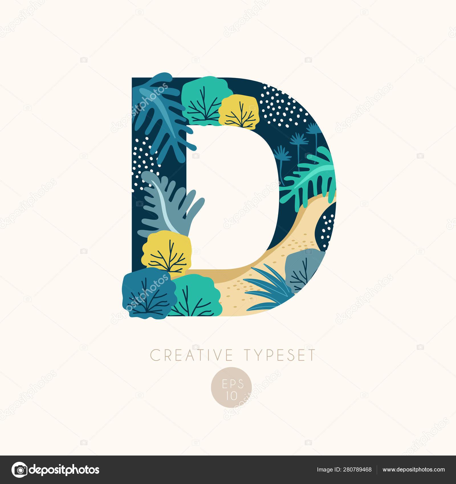 Uppercase Alphabet Letters Bushes Leaves Botanical Elements Isolated ...